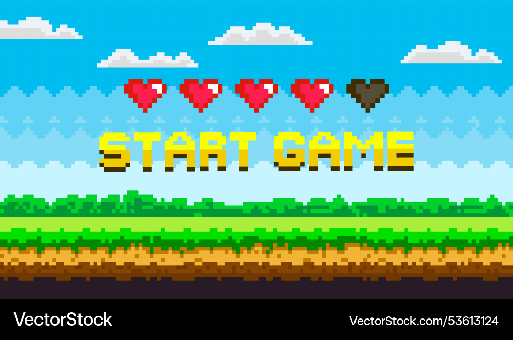 Retro gaming start screen with pixel hearts Vector Image