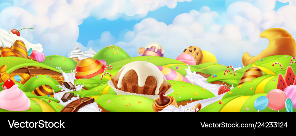 Sweet candy land panorama landscape background Vector Image