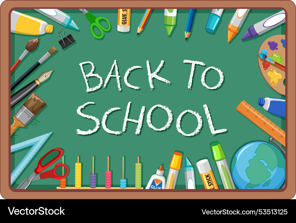 Chalkboard with school supplies and text Vector Image