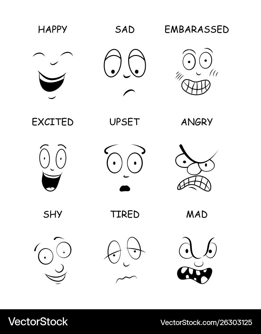 Face expressions with names for comic book Vector Image