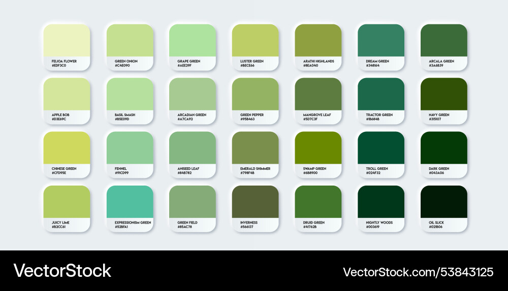 Green color guide palette with names Royalty Free Vector