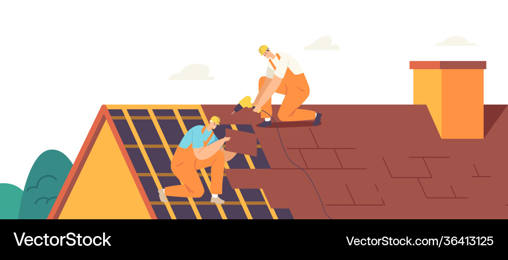 Roofer men with work tools roofing and tiling Vector Image