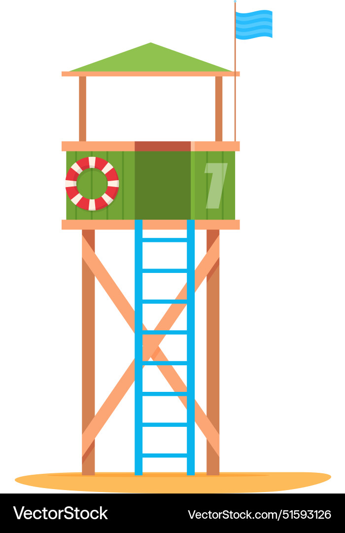 Beach life guard green wooden tower with flag Vector Image