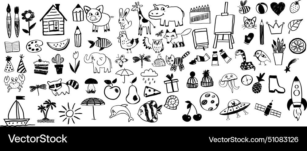 Line art child drawings set Royalty Free Vector Image