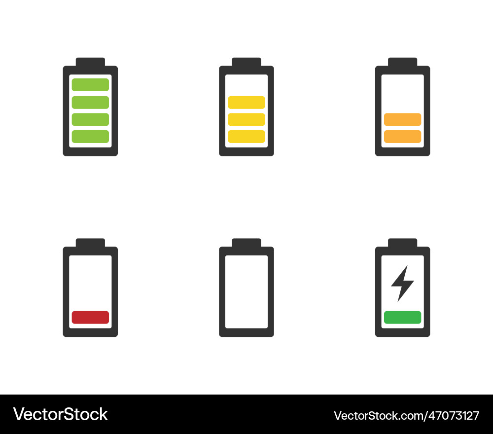 Battery icon set charge power level Royalty Free Vector