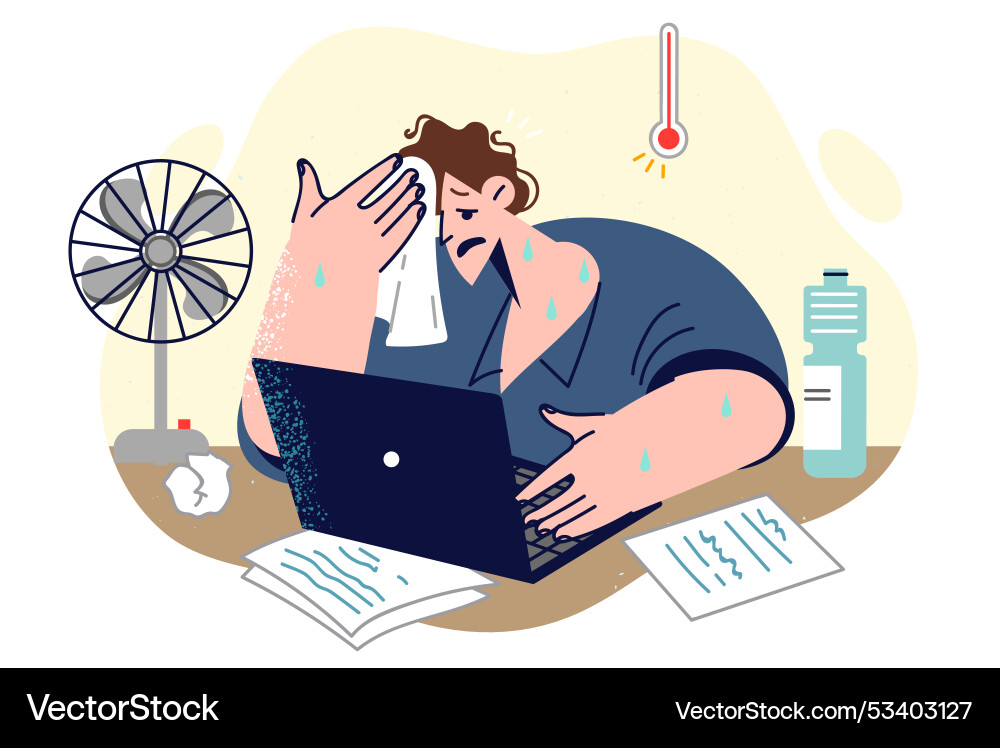 Heat torments male freelancer wiping sweat while Vector Image