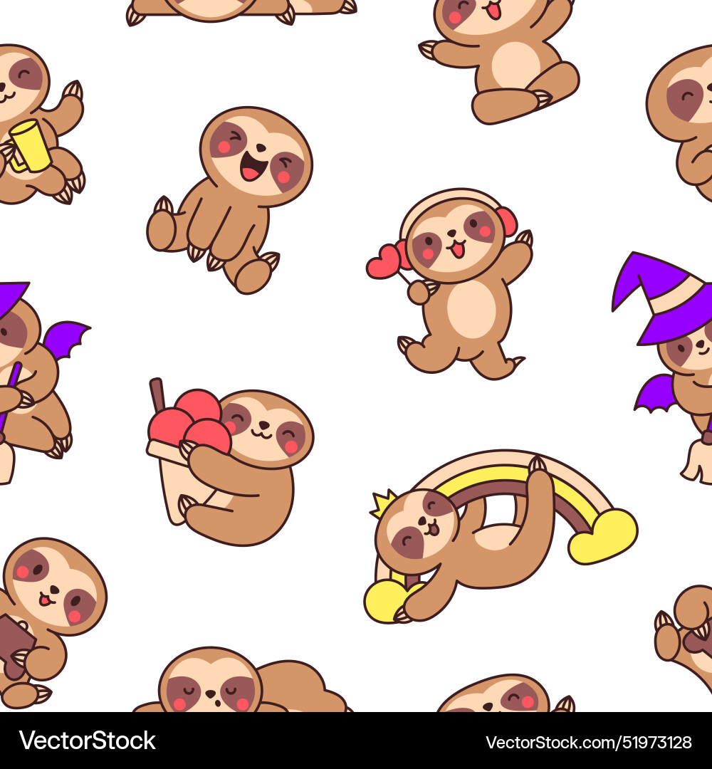 Cute kawaii baby sloth seamless pattern cartoon Vector Image