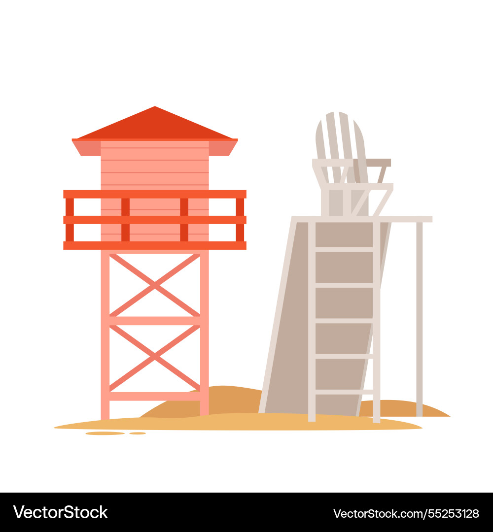 Lifeguards brown wooden tower with red flag Vector Image