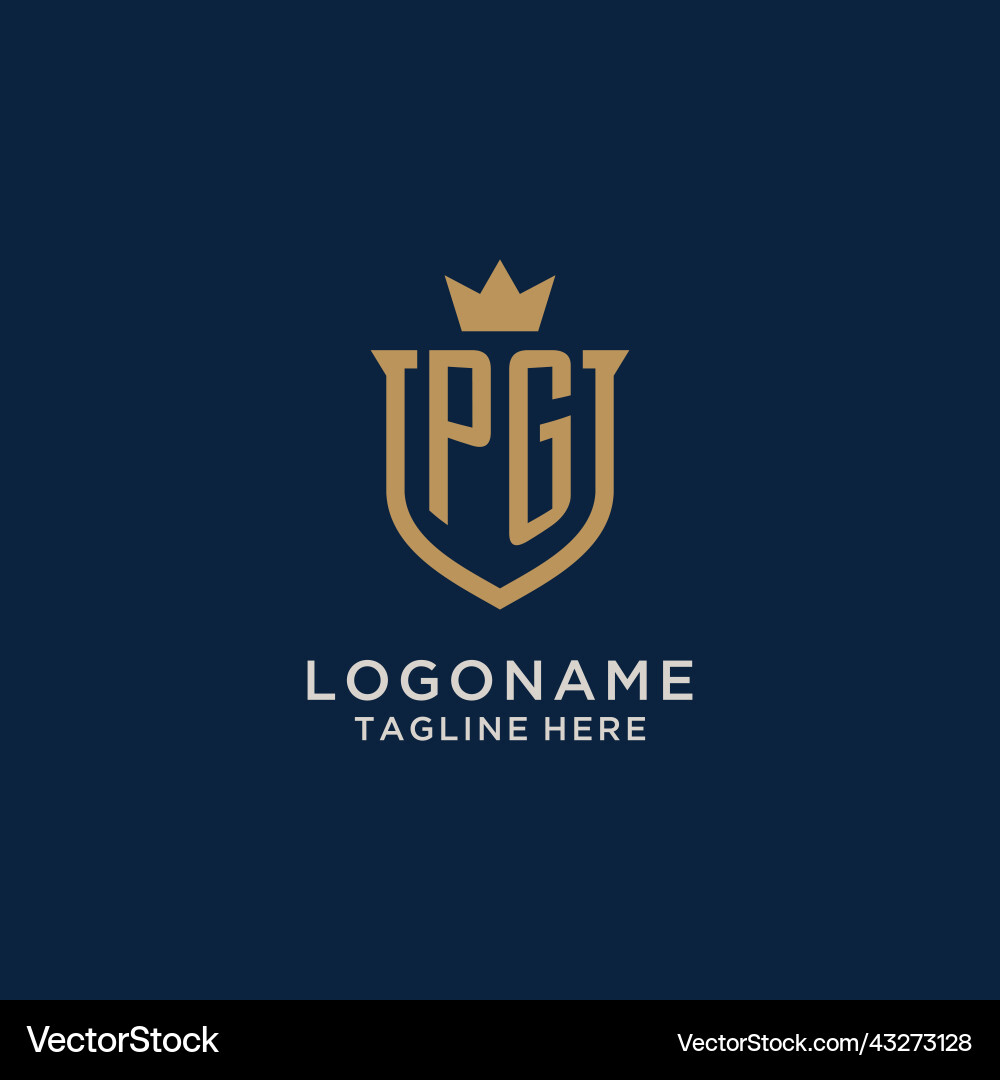 Pg initial shield crown logo Royalty Free Vector Image