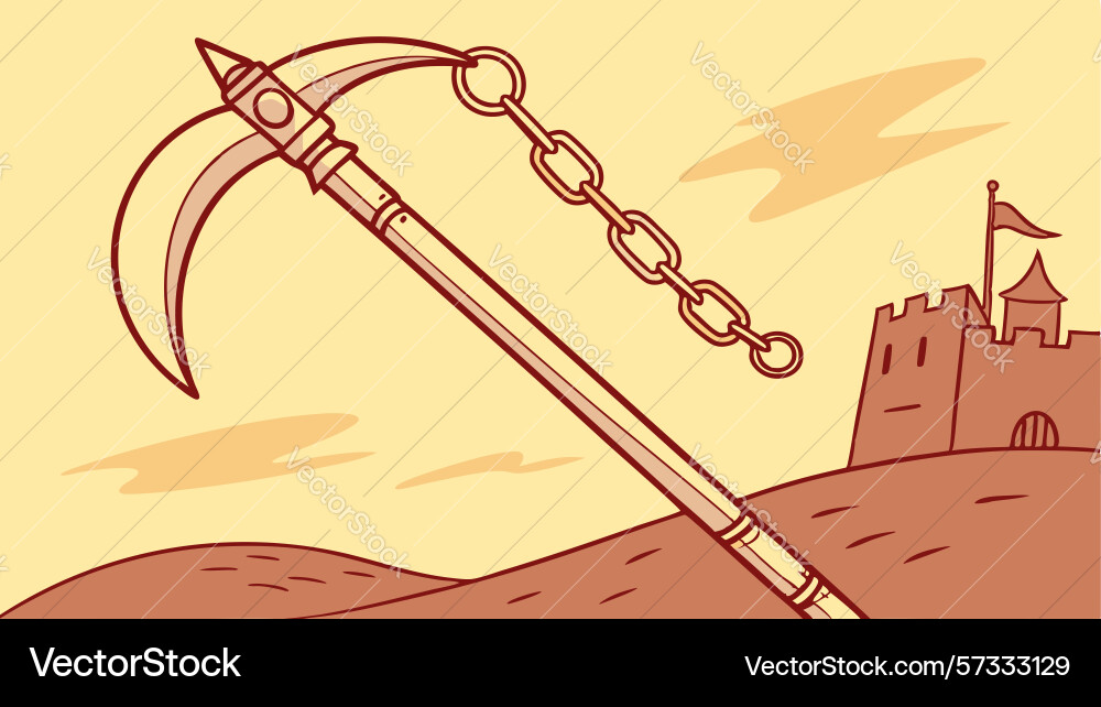 Ancient pickaxe and chain at castle gate entrance Vector Image