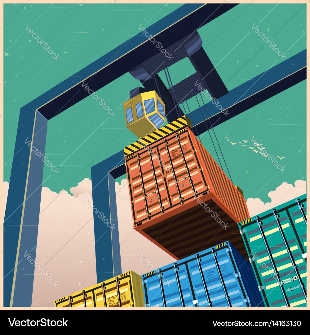 Kran und Container alte Poster Lizenzfreies Vektorbild
