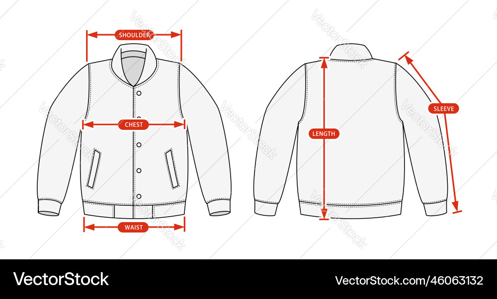 Clothing size chart varsity jacket Royalty Free Vector Image