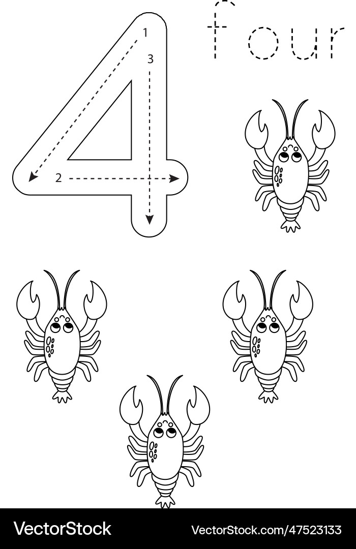 Flashcard number 4 preschool worksheet black Vector Image