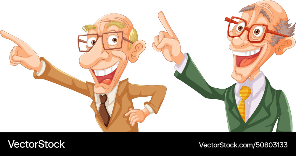 Two animated elderly men pointing and smiling Vector Image