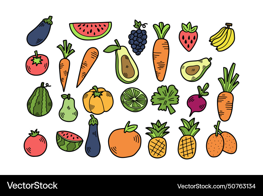 Hand drawn vegetable and fruit set in flat style Vector Image