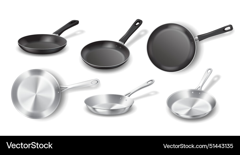 Non stick and stainless frying pans realistic Vector Image