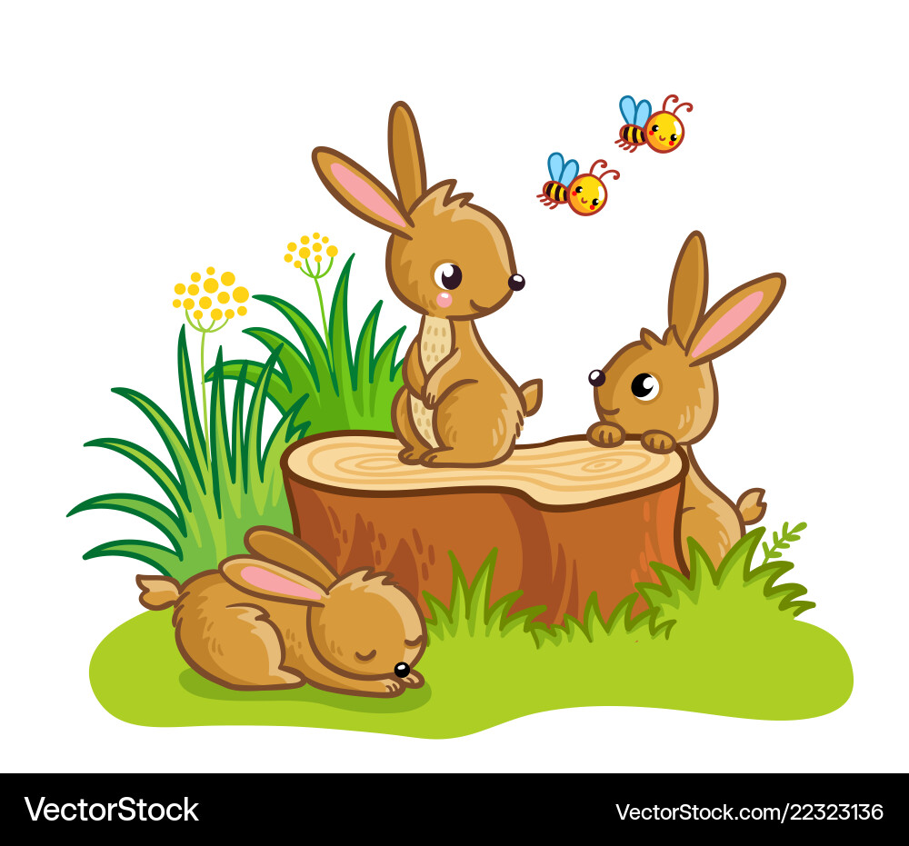 Cute rabbits sitting around the stump Royalty Free Vector