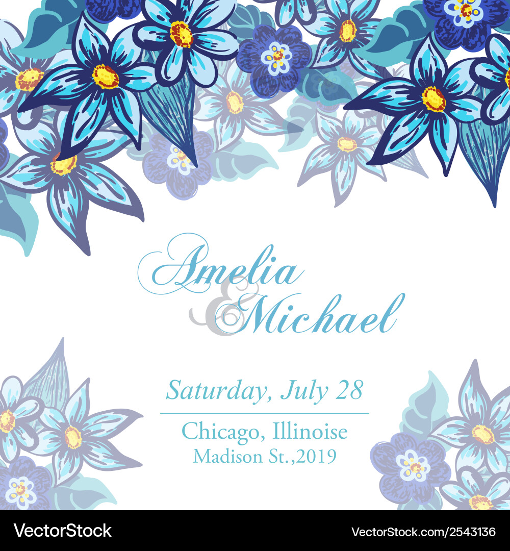 Wedding invitation card with blue flowers Vector Image
