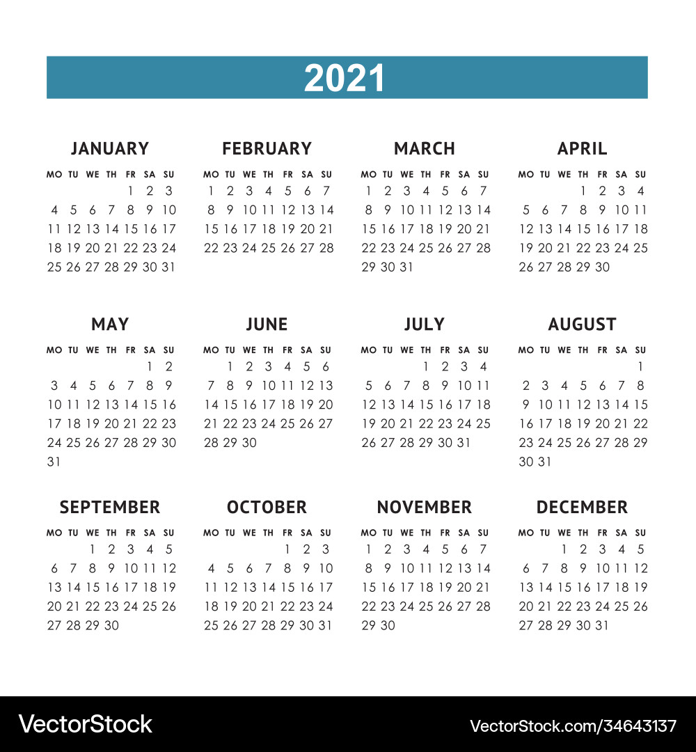 Calendar for 2021 year week starts monday Vector Image