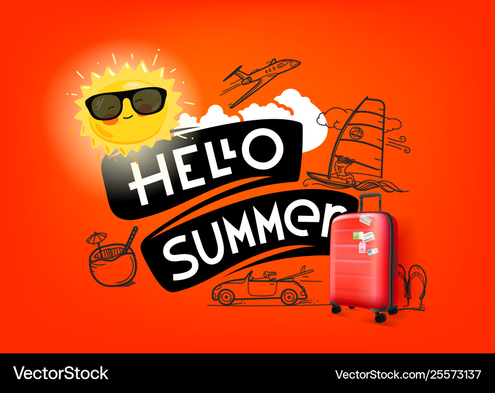 Hello summer concept with cute sun and red handbag