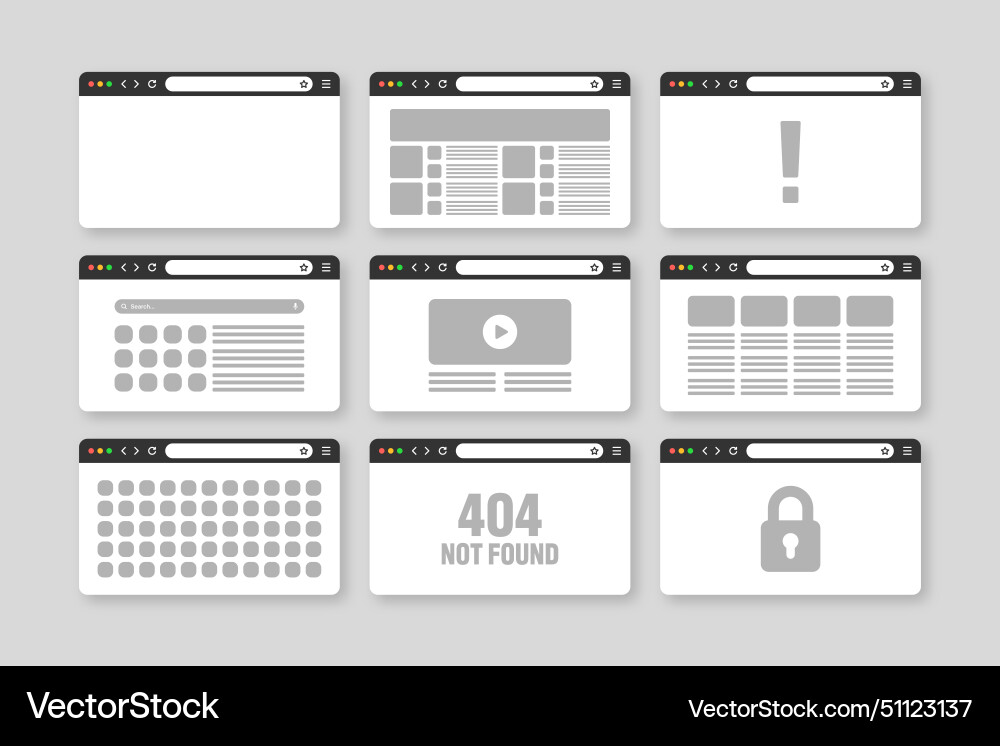 Web browser window pages layout with toolbar and Vector Image