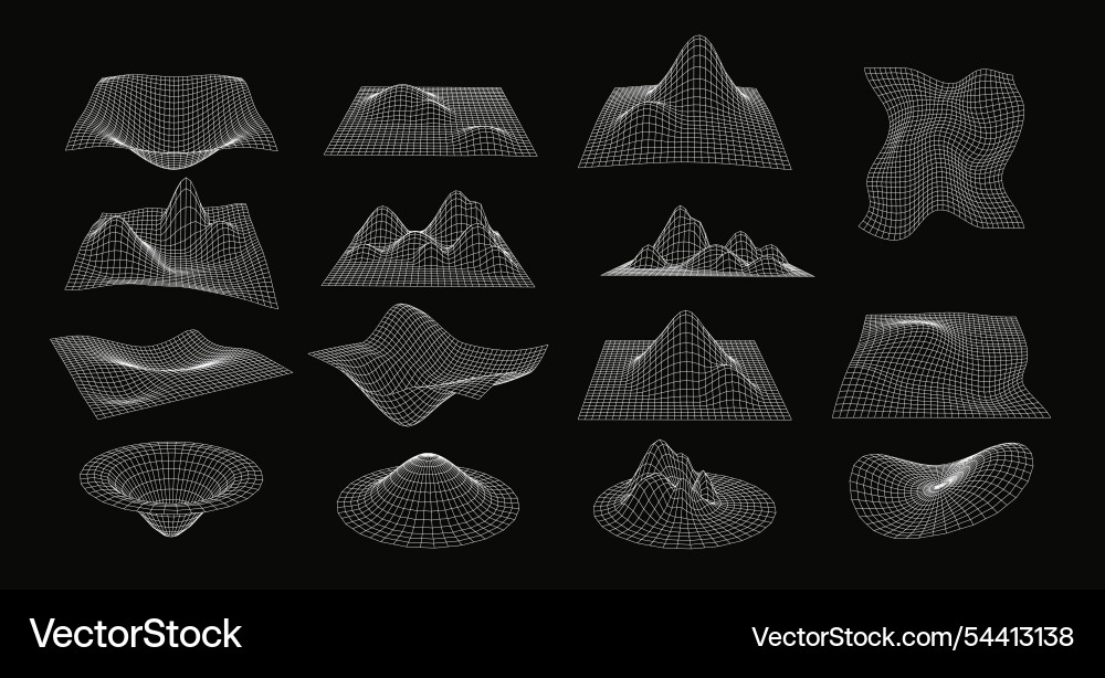 3d wireframe shapes perspective grid waves tech Vector Image