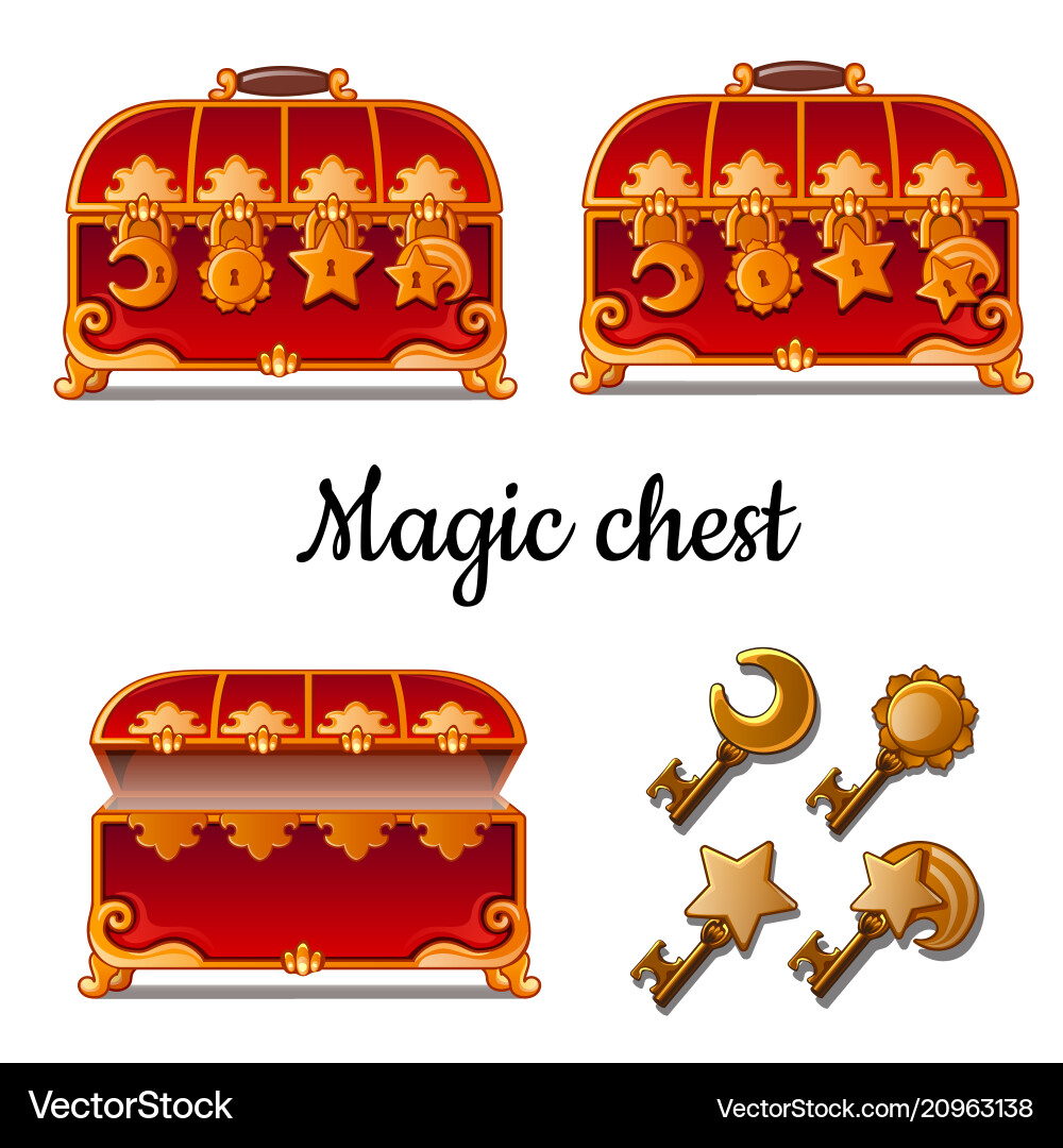 Three red chest with four locks and keys Vector Image