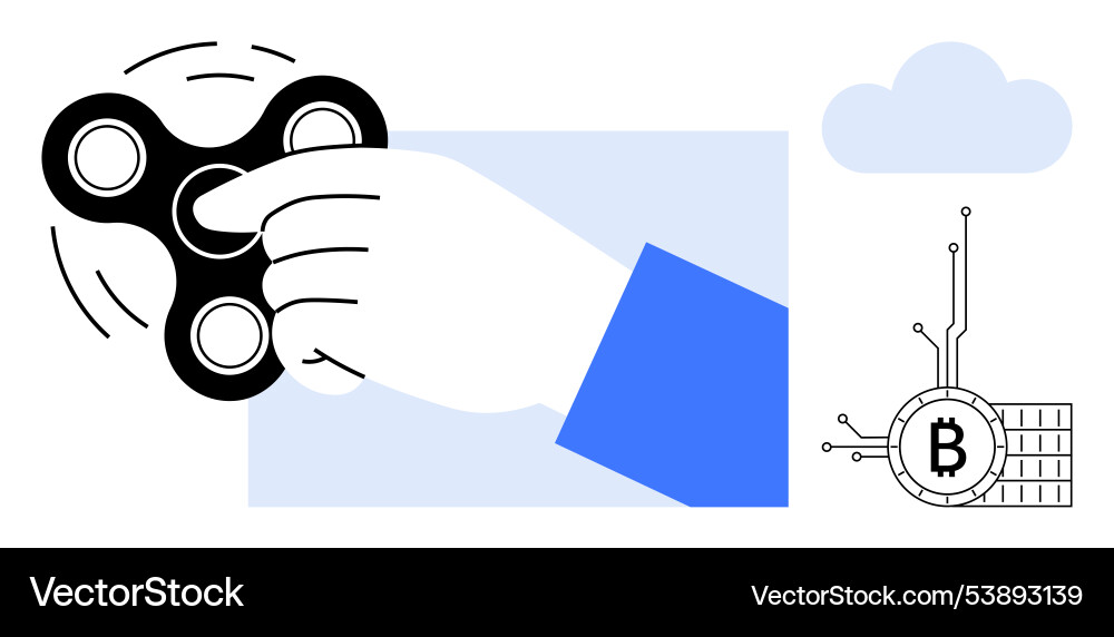 Hand spinning fidget toy with bitcoin and cloud Vector Image