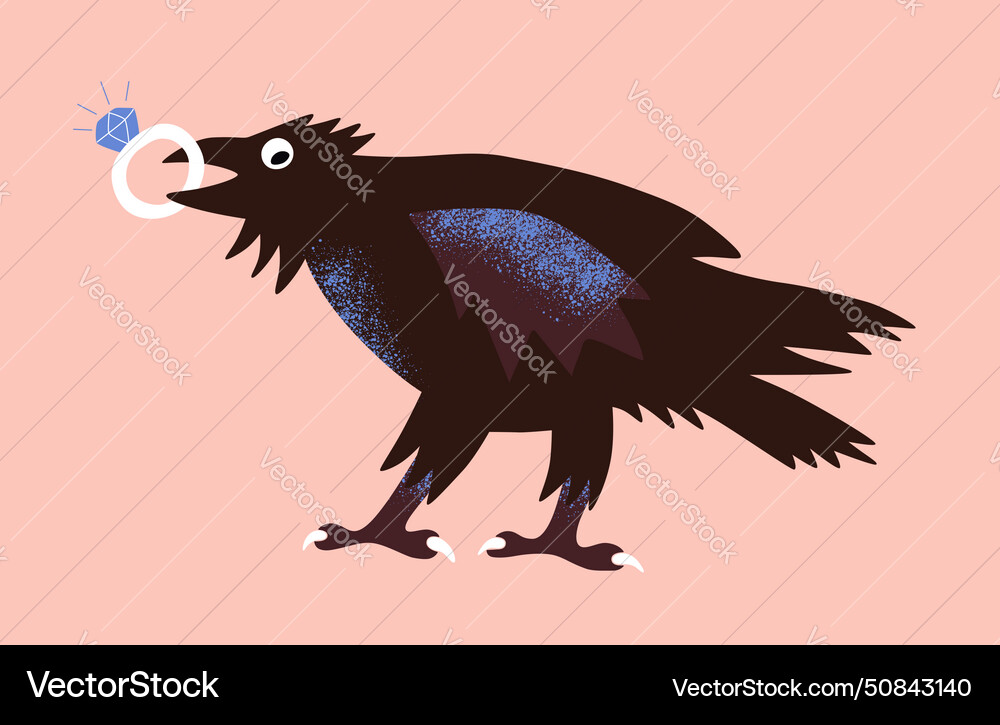 Raven with diamond ring in beak cute Royalty Free Vector