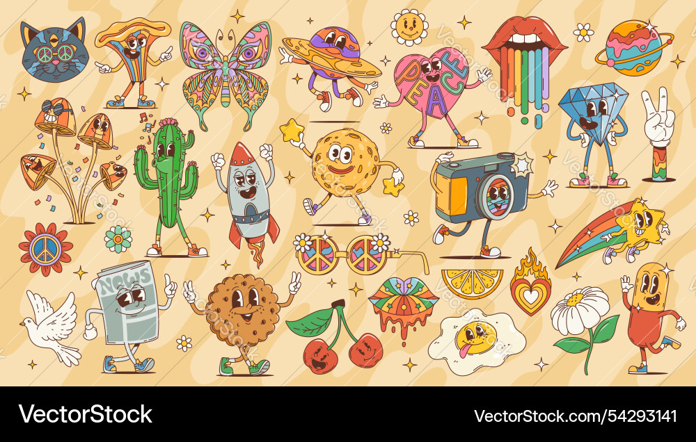 Cartoon retro funny groovy characters set Vector Image