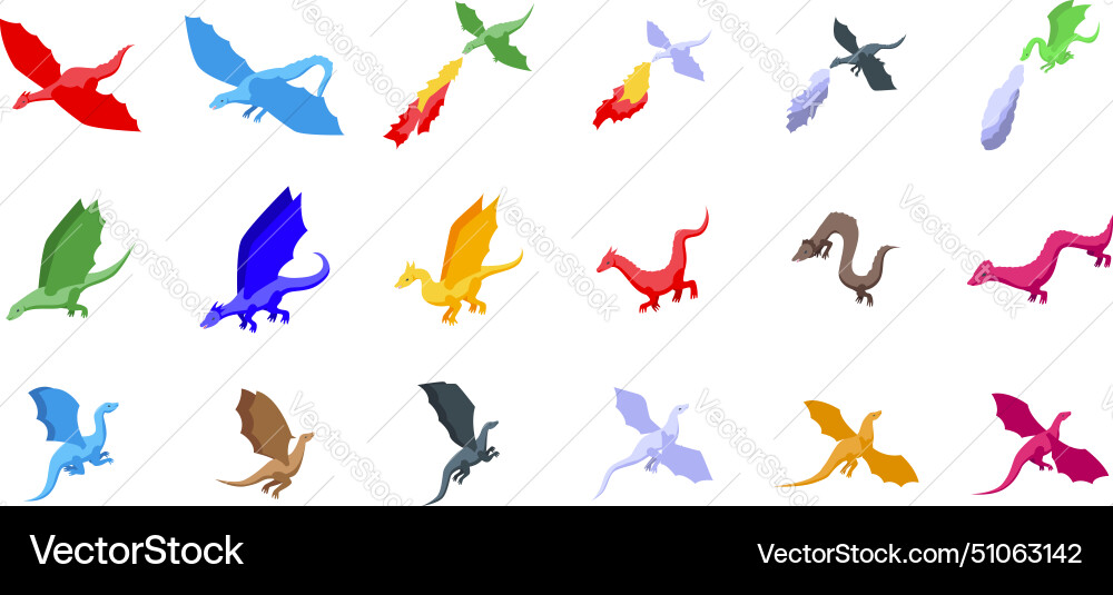 Flying fantasy dragon icons set isometric Vector Image
