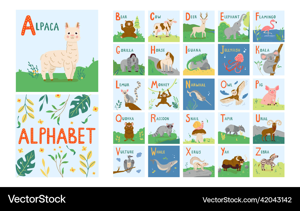 Süßes Tier Alphabet Diagramm - A bis Z Vektorbild