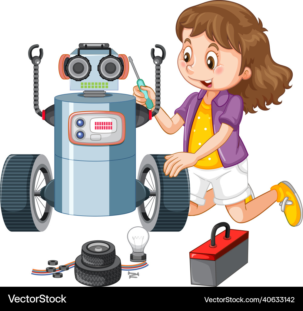 Young girl fixing a robot Royalty Free Vector Image