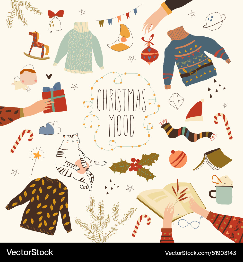 Cartoon christmas set with sweaters books Vector Image