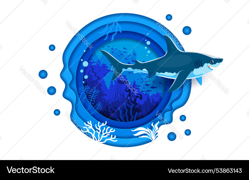 Cartoon Paper Cut Underwater Landscape With Shark Vector Image