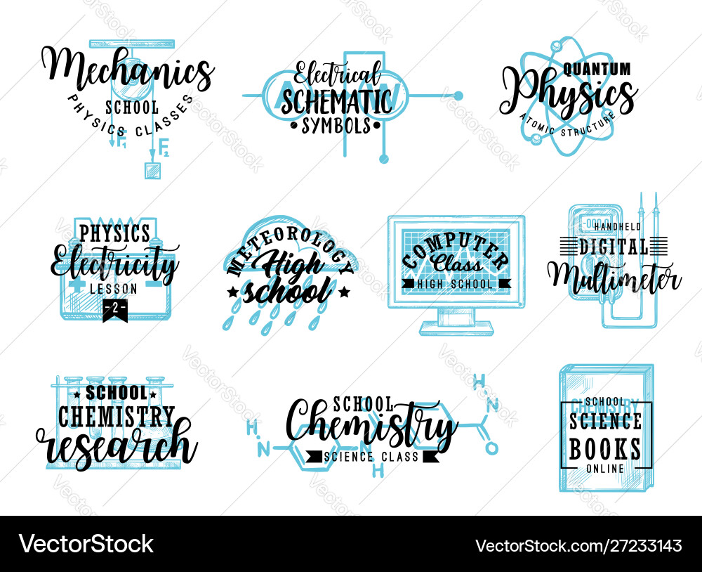 Research science subjects lettering icons Vector Image