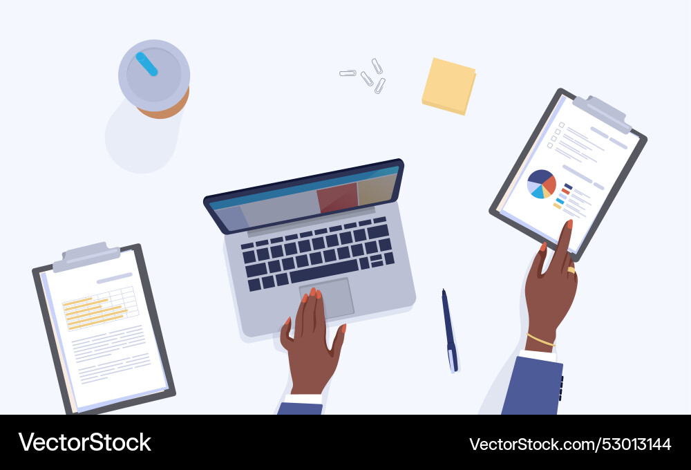 Table top view employee workspace cartoon Vector Image