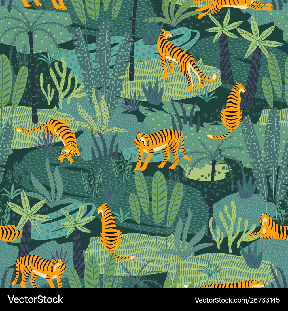 Seamless exotic pattern with tigers in jungle Vector Image