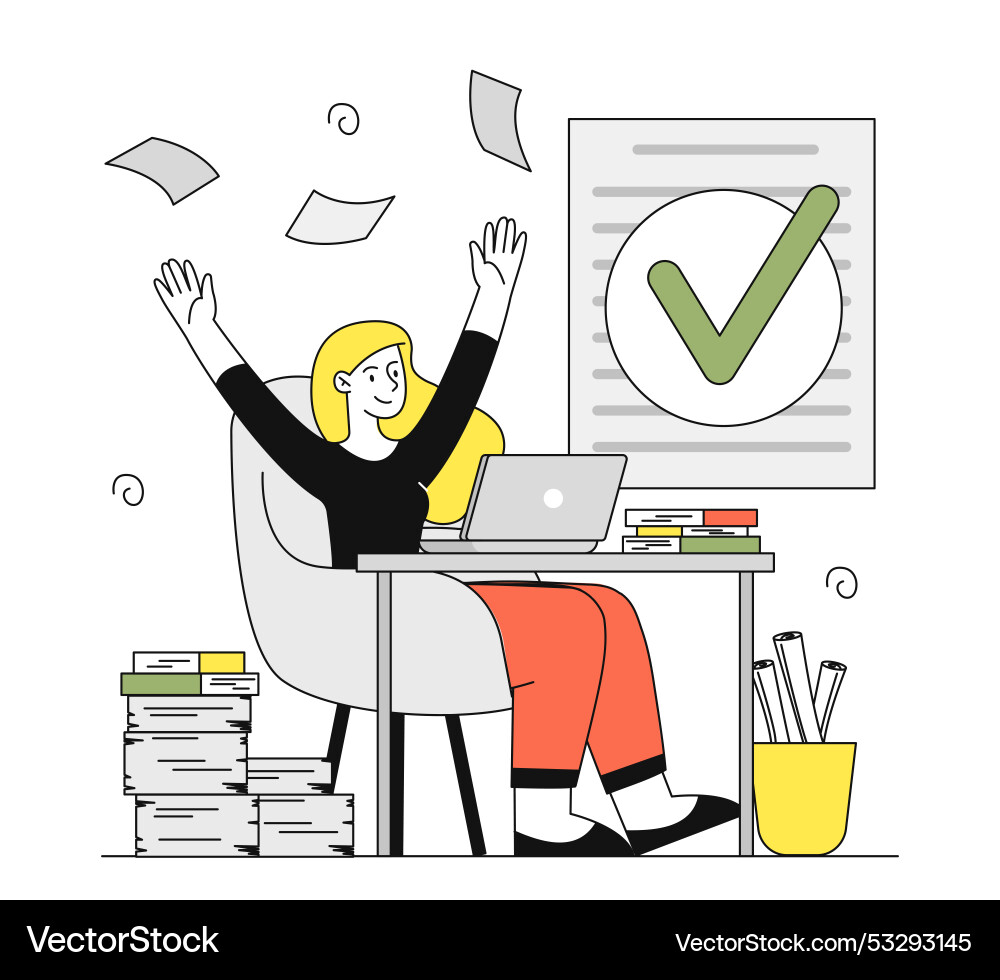 Woman with done task young girl laptop near Vector Image