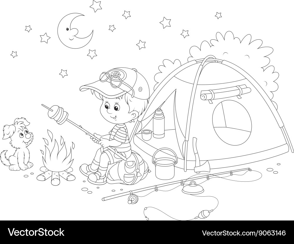 Boy scout roasting bread on campfire Royalty Free Vector