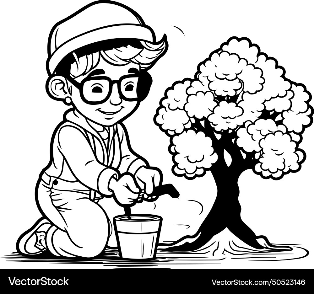 Boy watering a tree - black and white Royalty Free Vector