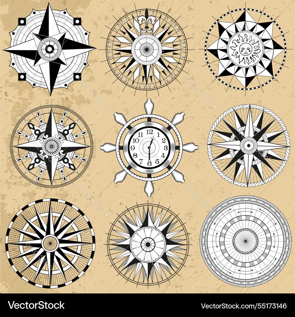 Design set with line art old compasses Royalty Free Vector