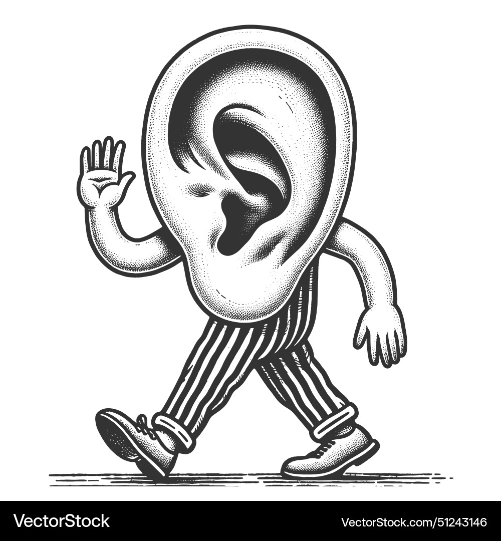 Ear cartoon walking and waving engraving Vector Image