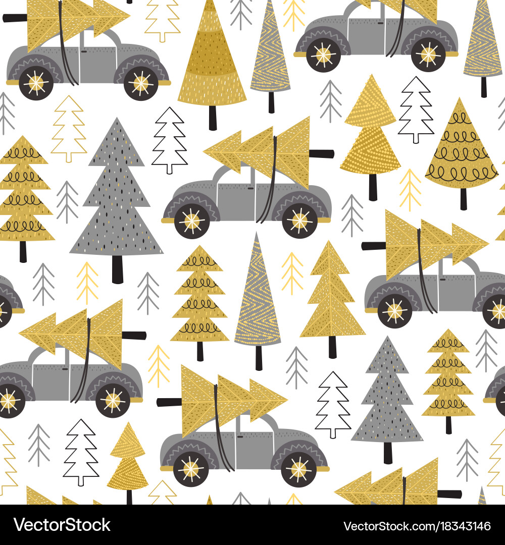 Gold Christmas Trees & Car Pattern Royalty Free Vector