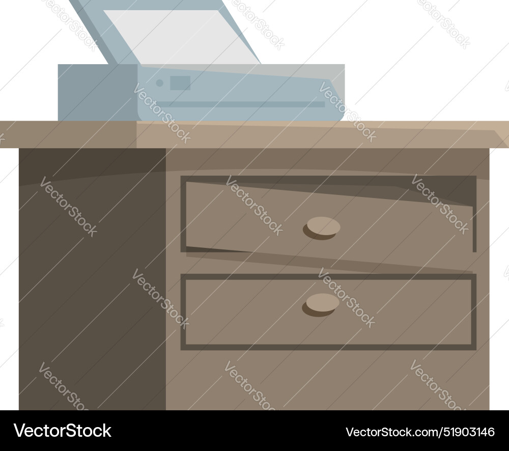 Modern printer sitting on wooden desk with drawers