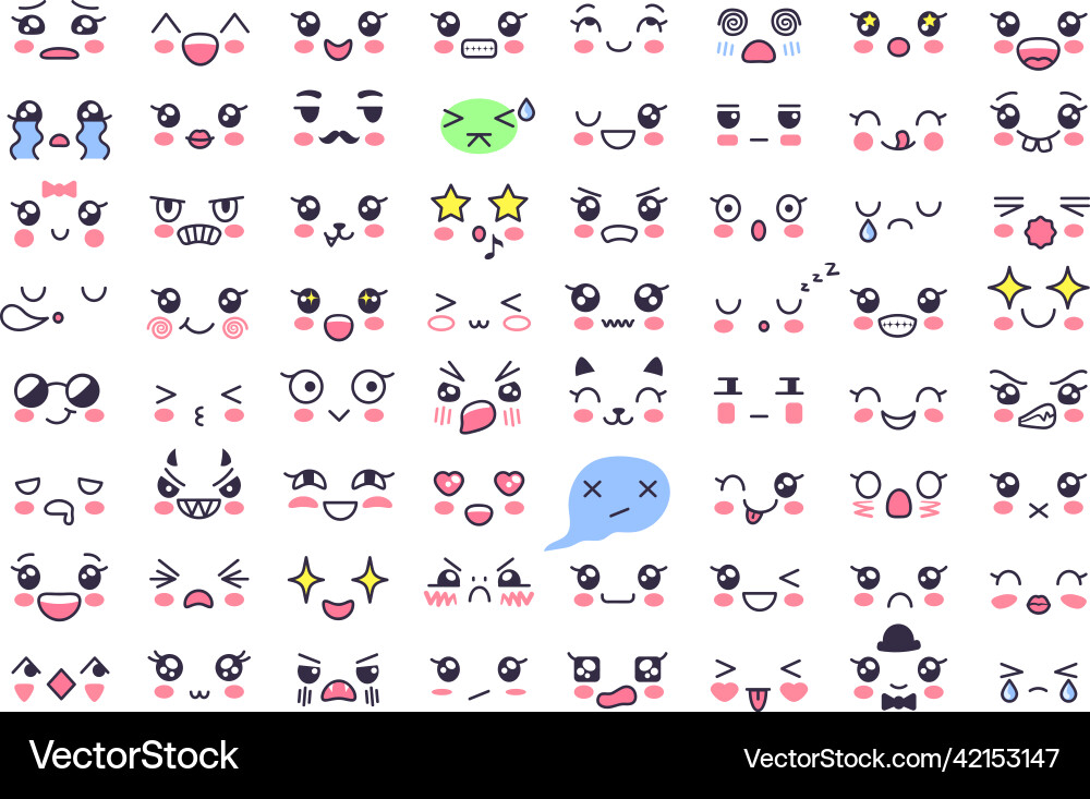 Kawaii faces cute eyes expressive emotion face Vector Image
