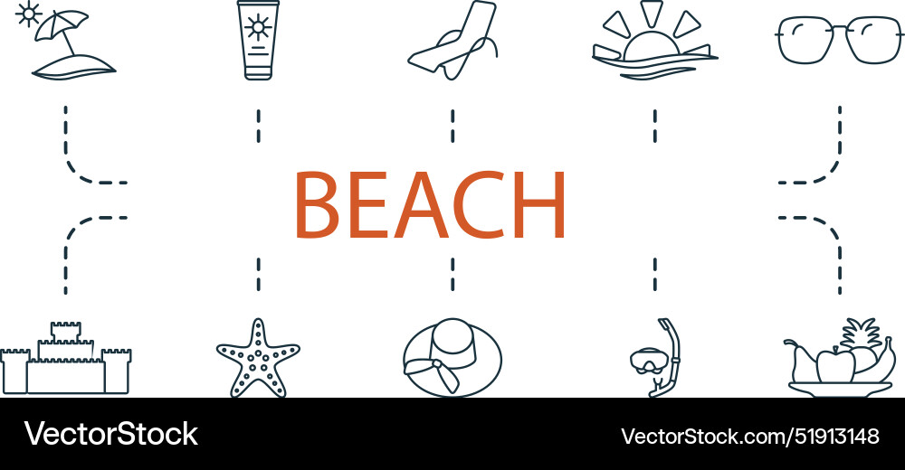 Beach outline icons set creative sun Royalty Free Vector