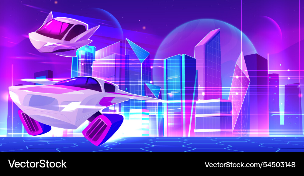 Futuristic space city background with aircraft Vector Image