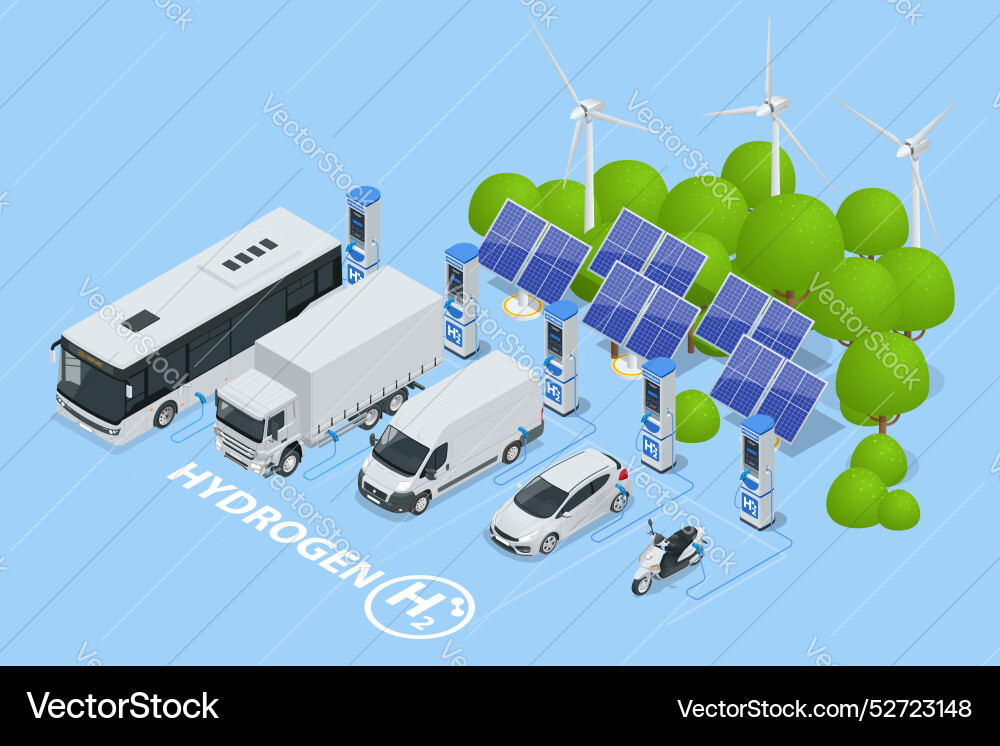 Isometric hydrogen fuel car charging station with Vector Image