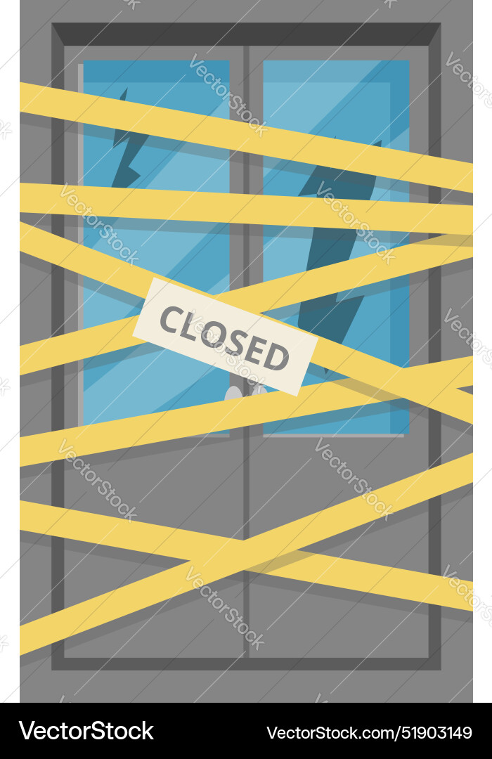 Closed shop door with broken glass and caution Vector Image